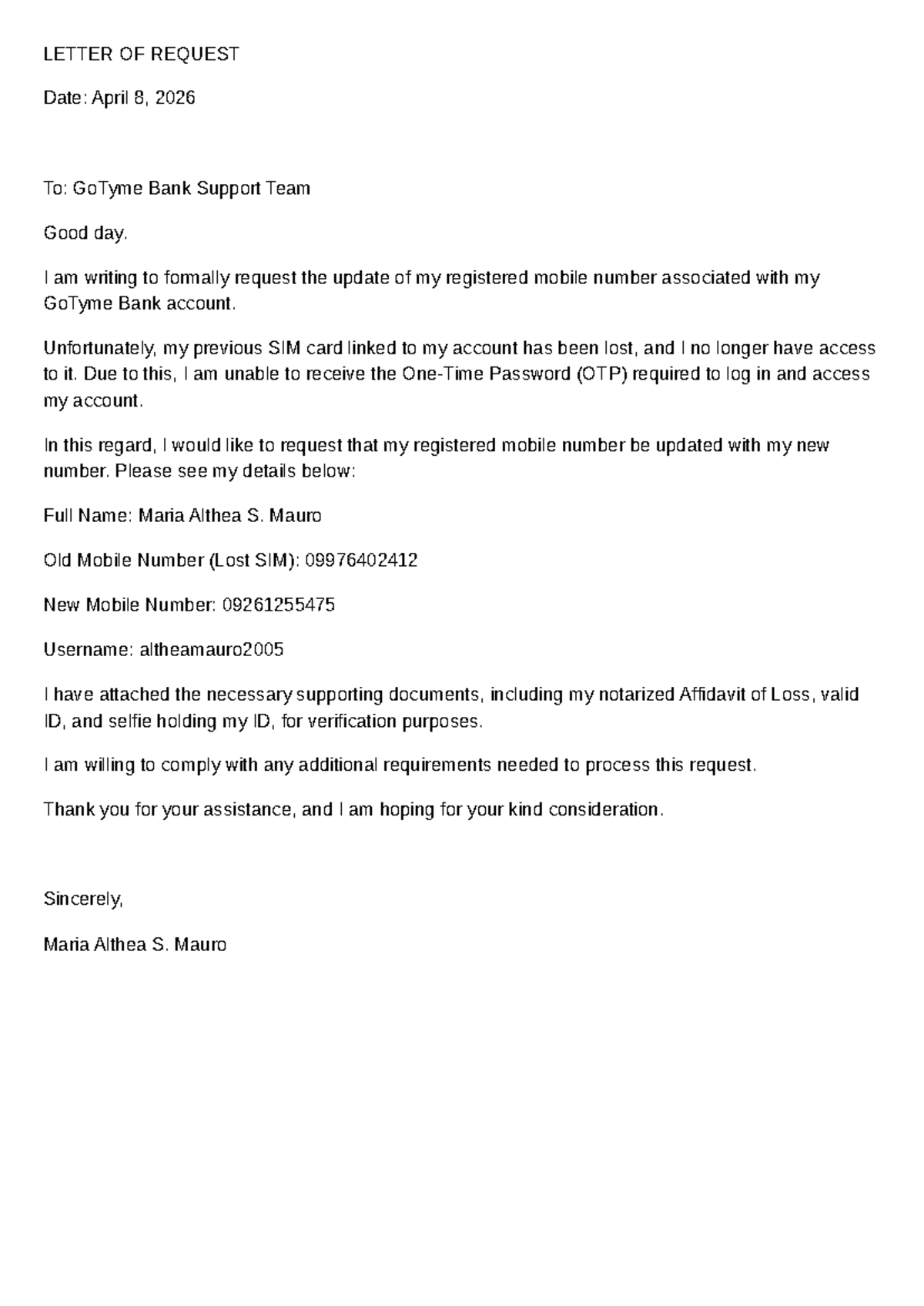Request to Update Mobile Number for GoTyme Bank Account - Studocu