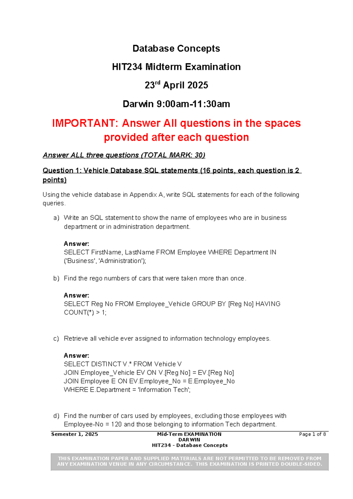 HIT234 Database Concepts Midterm Exam - 23rd April 2025 - Studocu