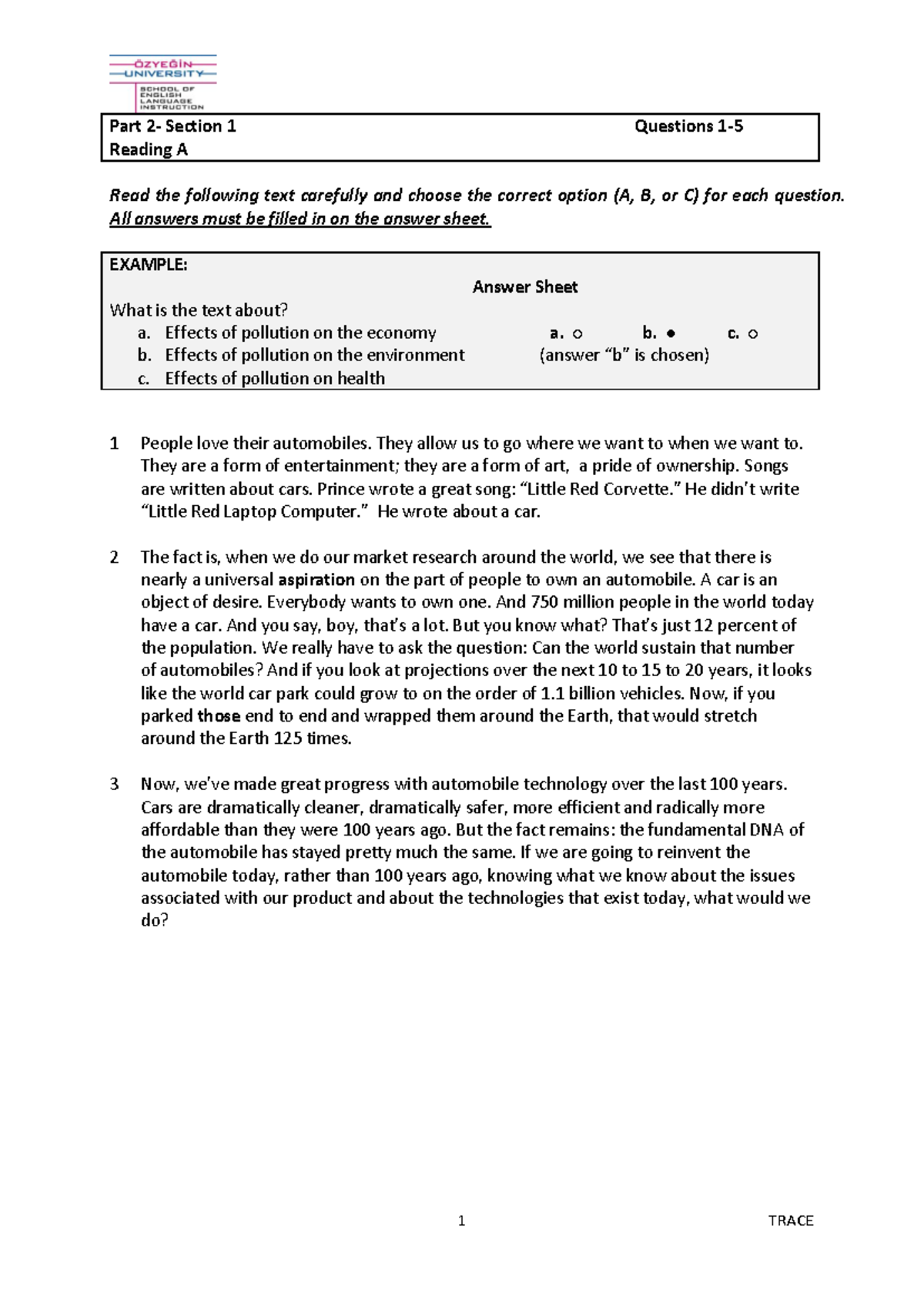 Sample Trace Part 2: Reading Comprehension Questions and Answers - Studocu