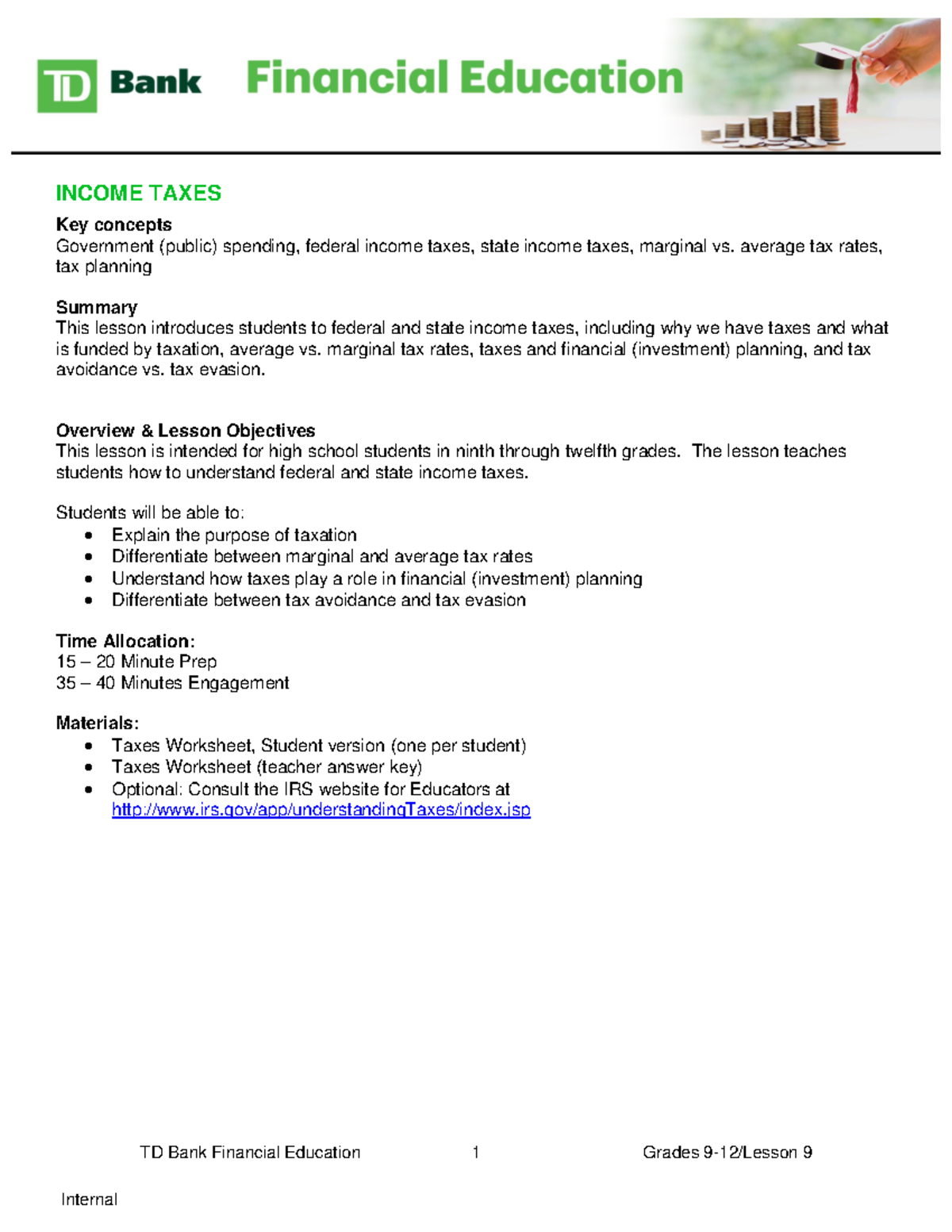 Income taxes worksheet 4 - TD Bank Financial Education 1 Grades 9-12 ...
