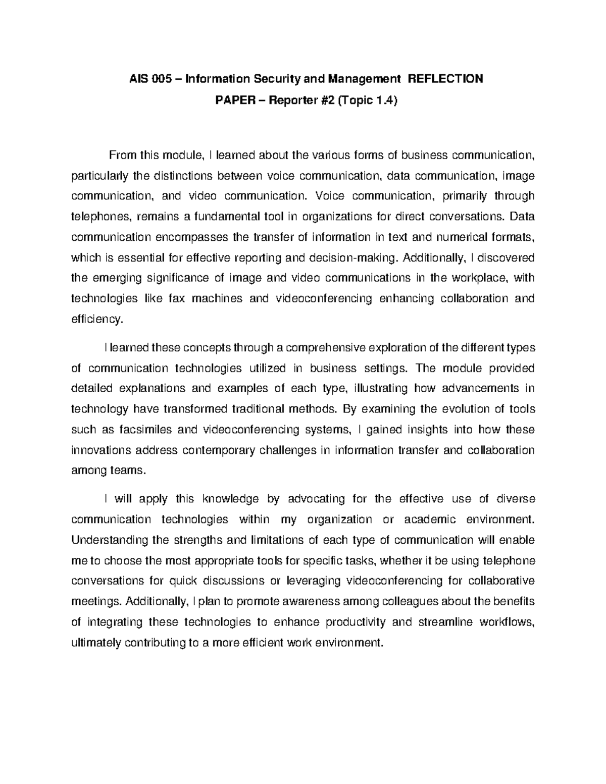 Reporter #2 - REFLECTION PAPER - AIS 005 – Information Security and ...