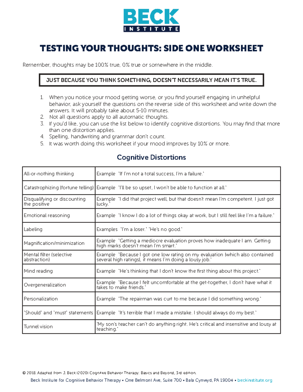 Cognitive Distortions: Testing Your Thoughts Worksheet - Studocu