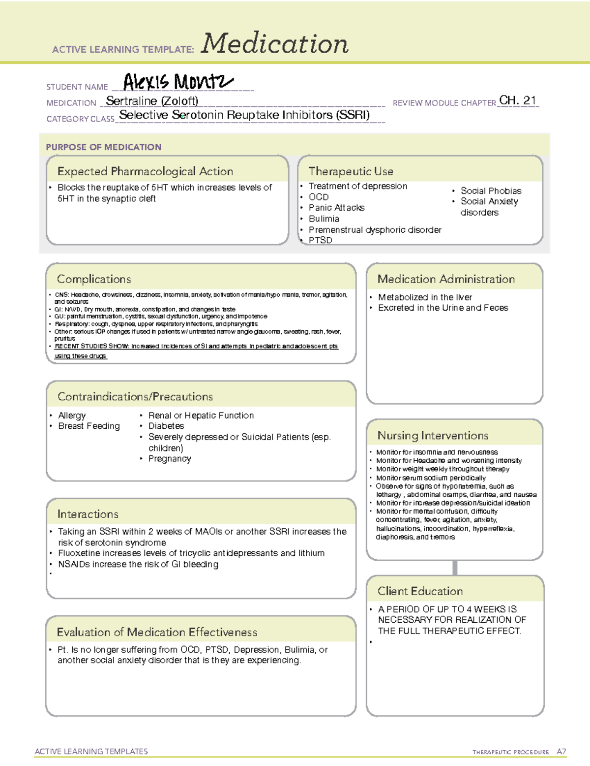 Sertraline (Zoloft) Drug Card - Active Learning Template Ch. 21 - Studocu