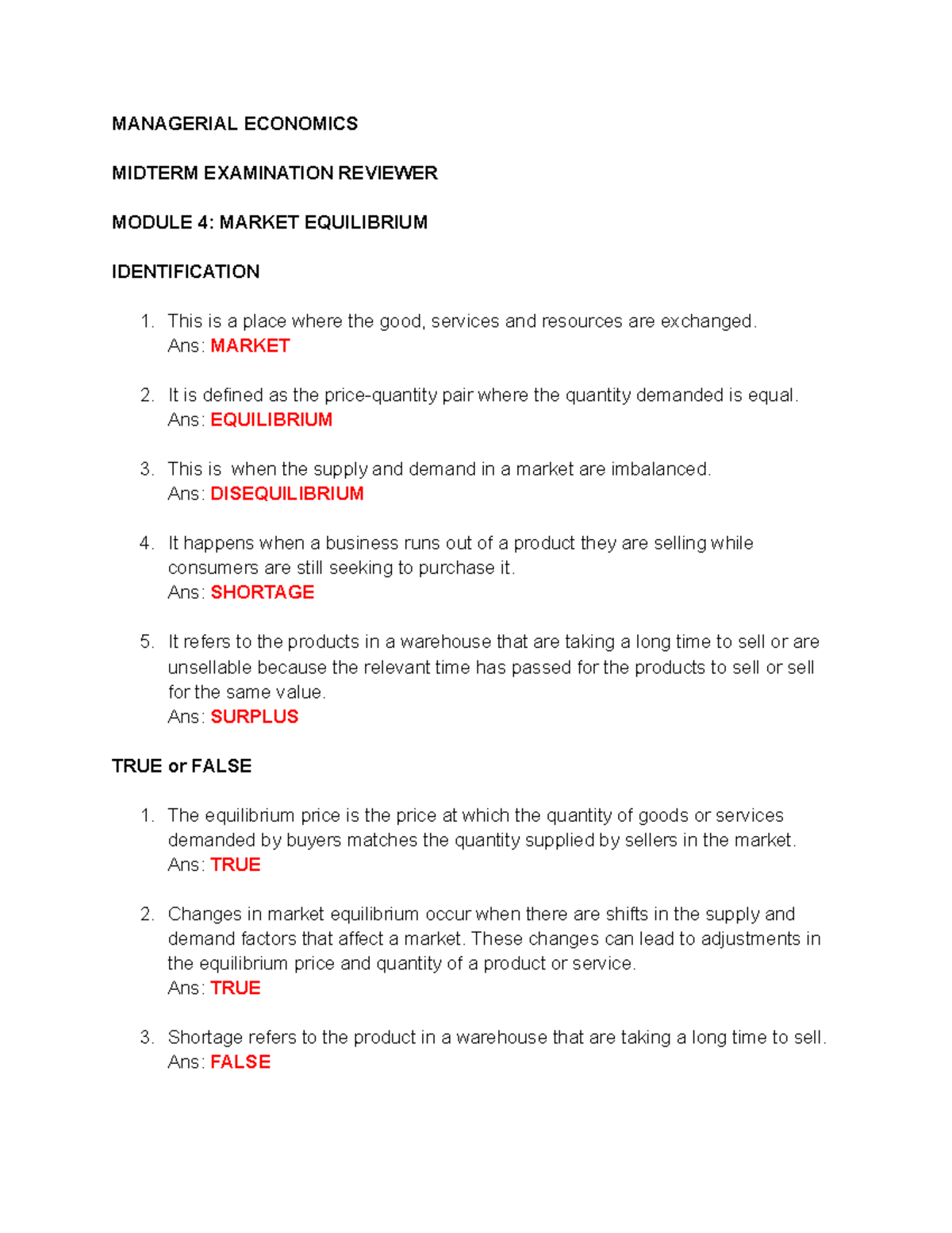 Managerial Economics (MAN) - Midterm Exam Reviewer on Market ...