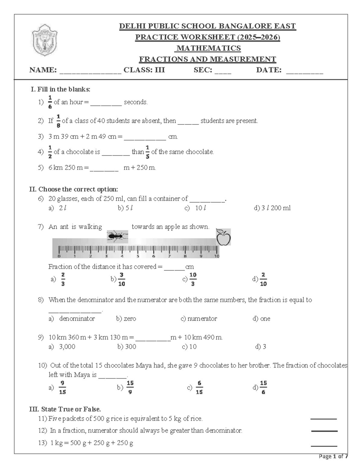 DPS Bangalore East Math Practice Worksheet (2025-2026): Fractions ...