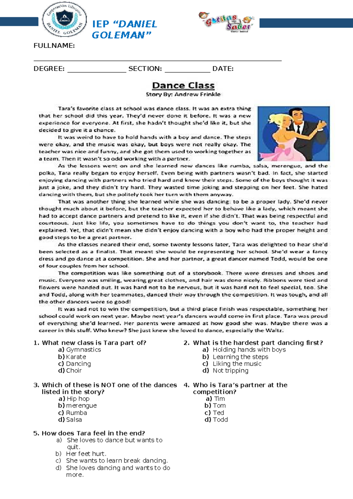 QUIZ - 5° III Quarter - English: Tara's Dance Class Insights - Studocu