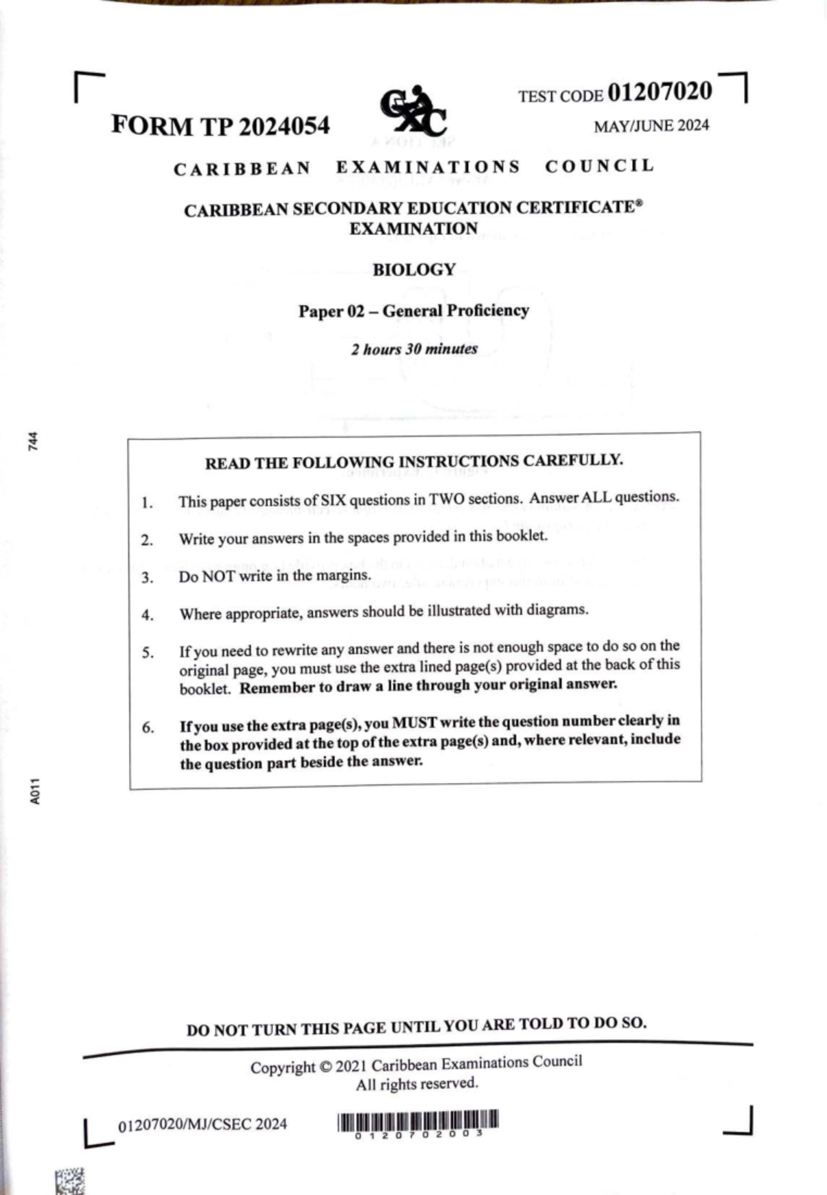 CSEC Biology P2 2024 MJ - Comprehensive Answer Guide - Studocu