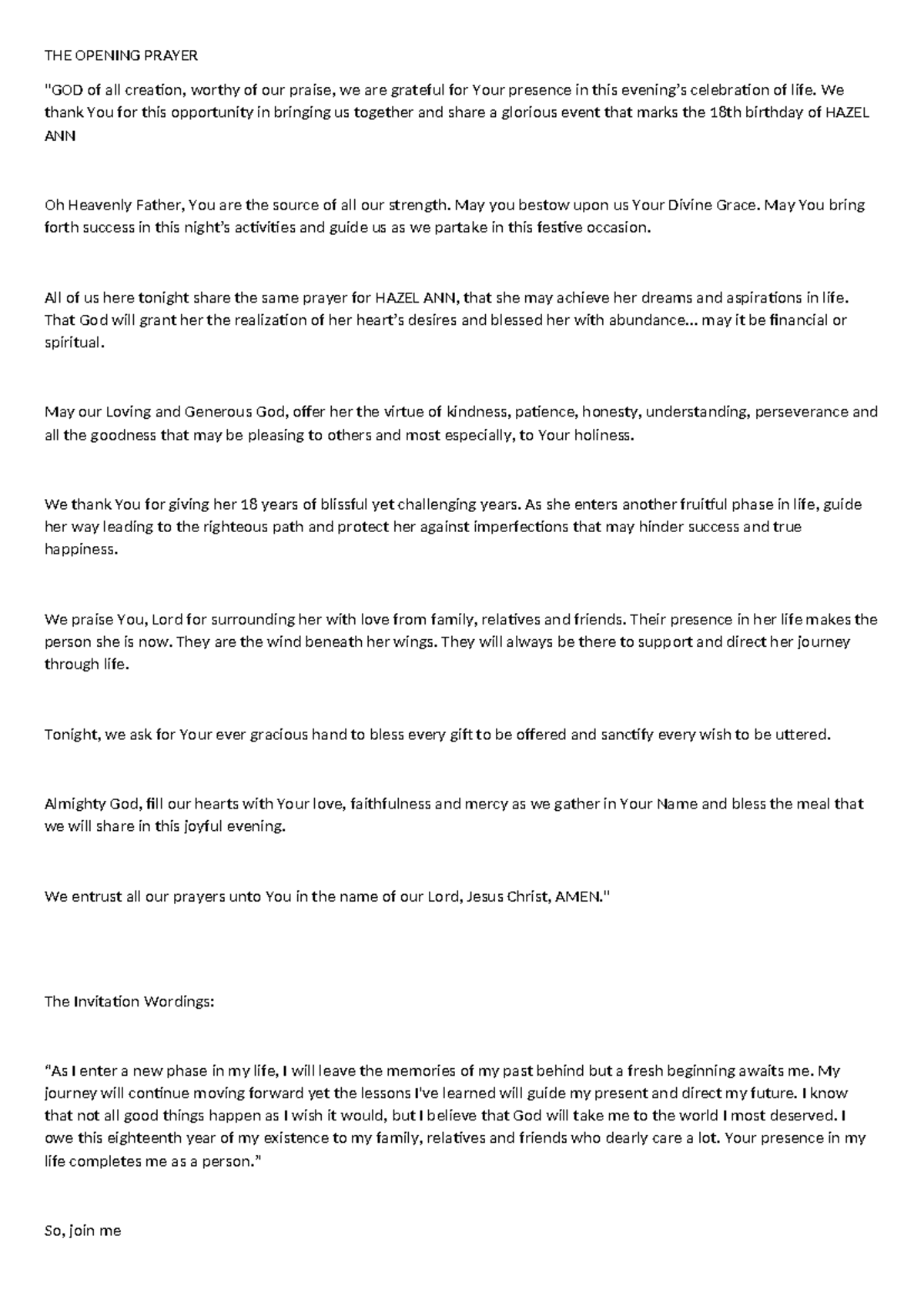 Debut Ceremony Program for Hazel Ann's 18th Birthday Celebration - Studocu