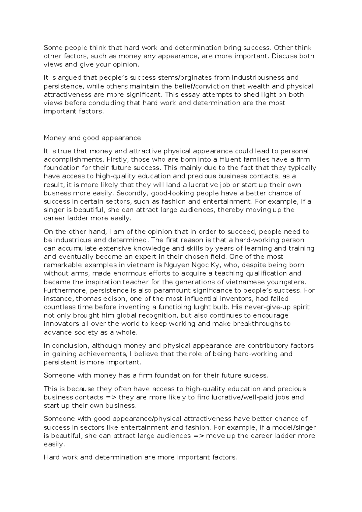 Essay Notes: Success Factors - Hard Work vs. Wealth (ENG101) - Studocu