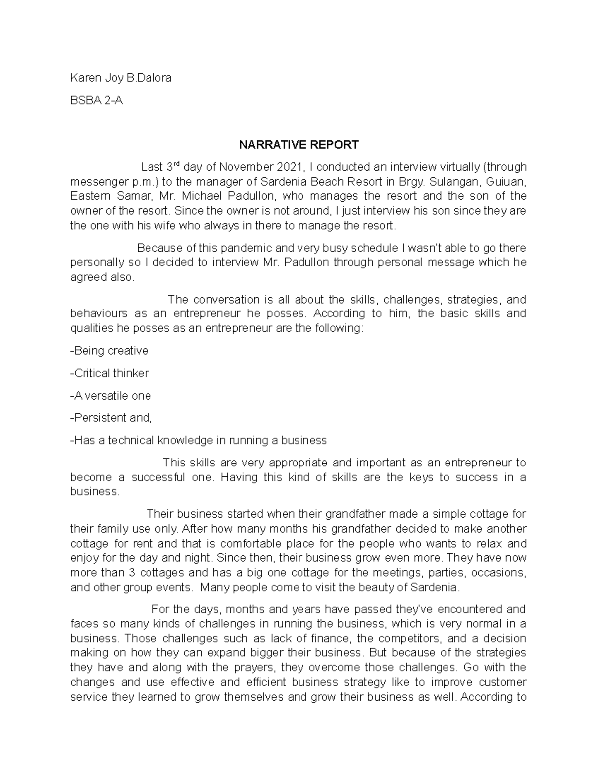Narrative Report (Autosaved) - Karen Joy B BSBA 2-A NARRATIVE REPORT ...