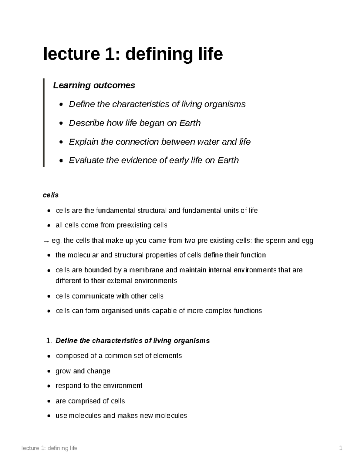 Lecture 1 Notes - lecture 1: defining life Learning outcomes Define the ...
