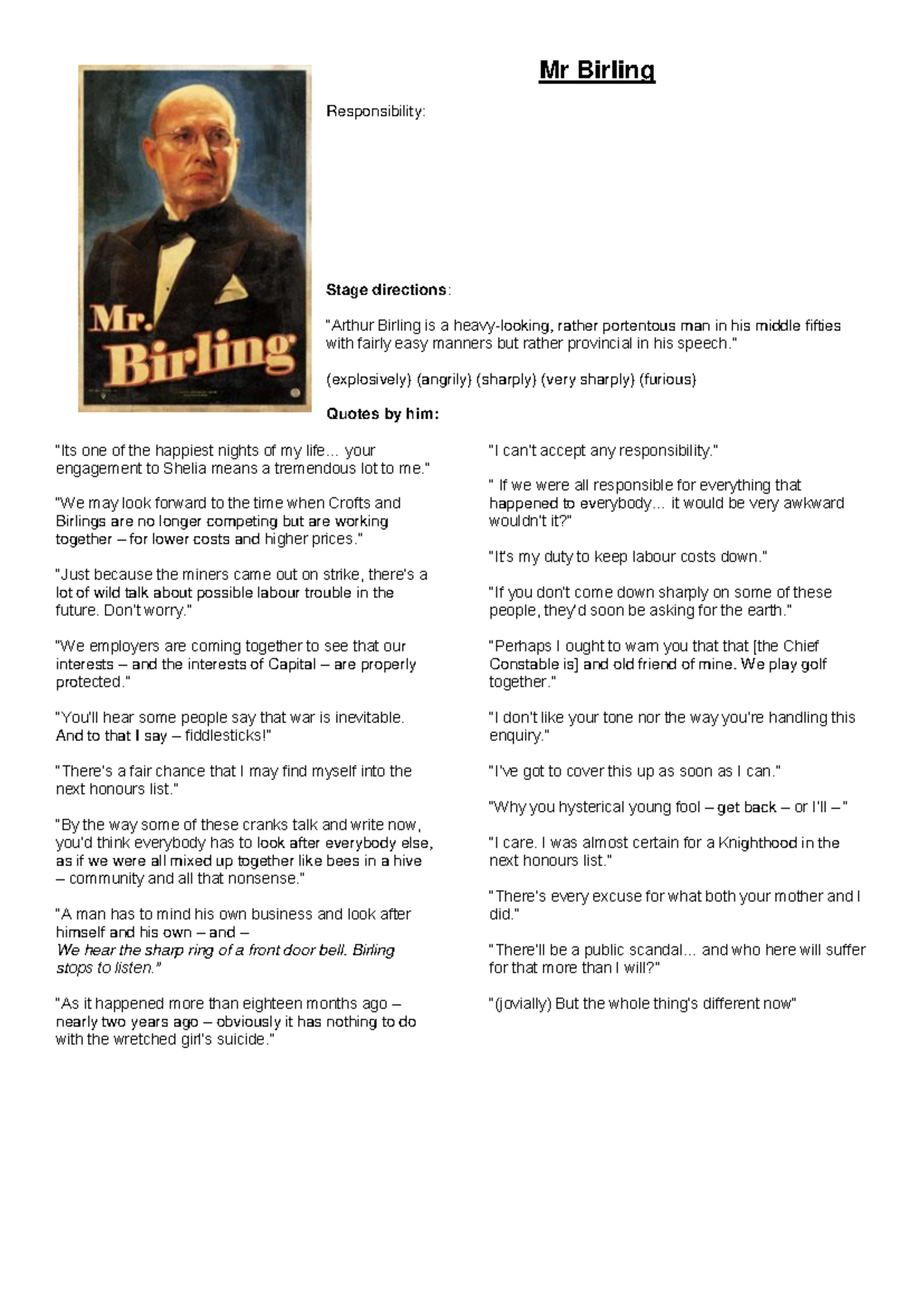 AIC Character Quotes: Mr. Birling, Mrs. Birling, and Gerald Croft - Studocu