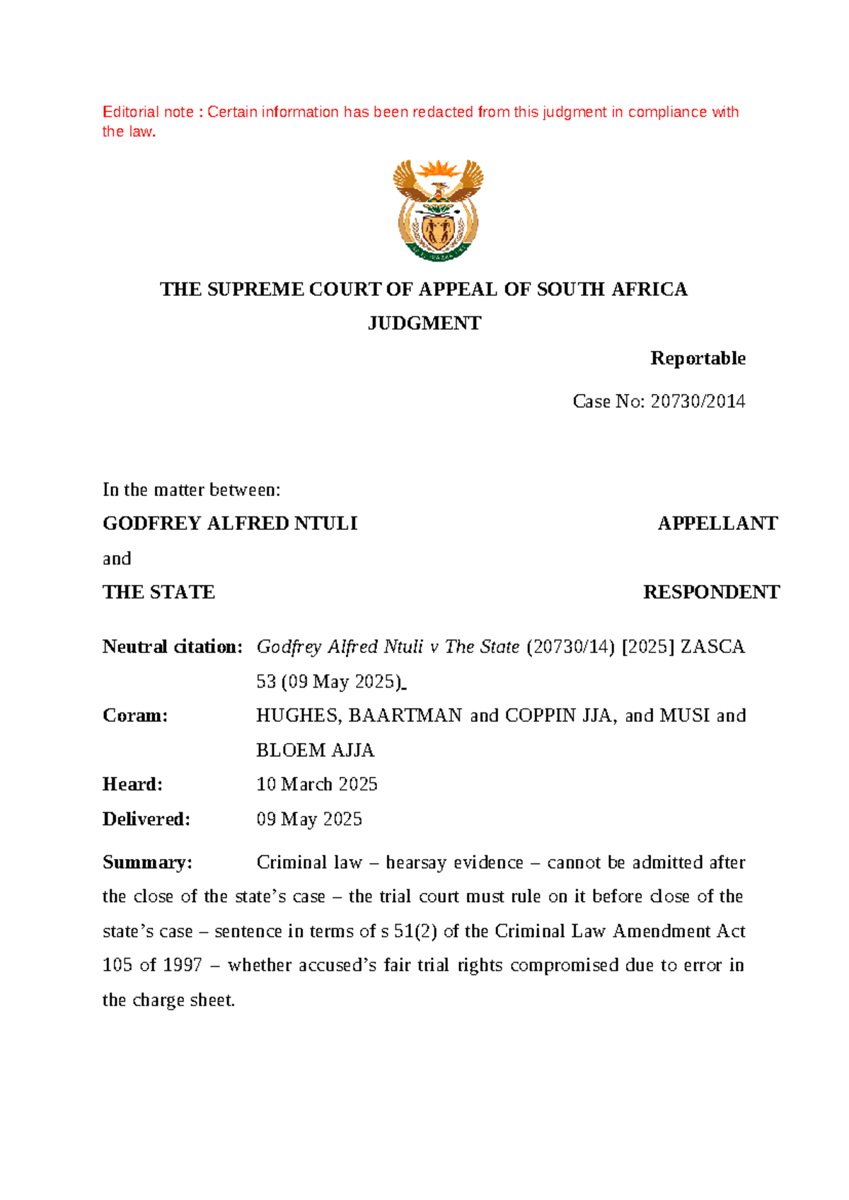Sca 2025 053: Judgment on Appeal - Godfrey Alfred Ntuli v The State ...