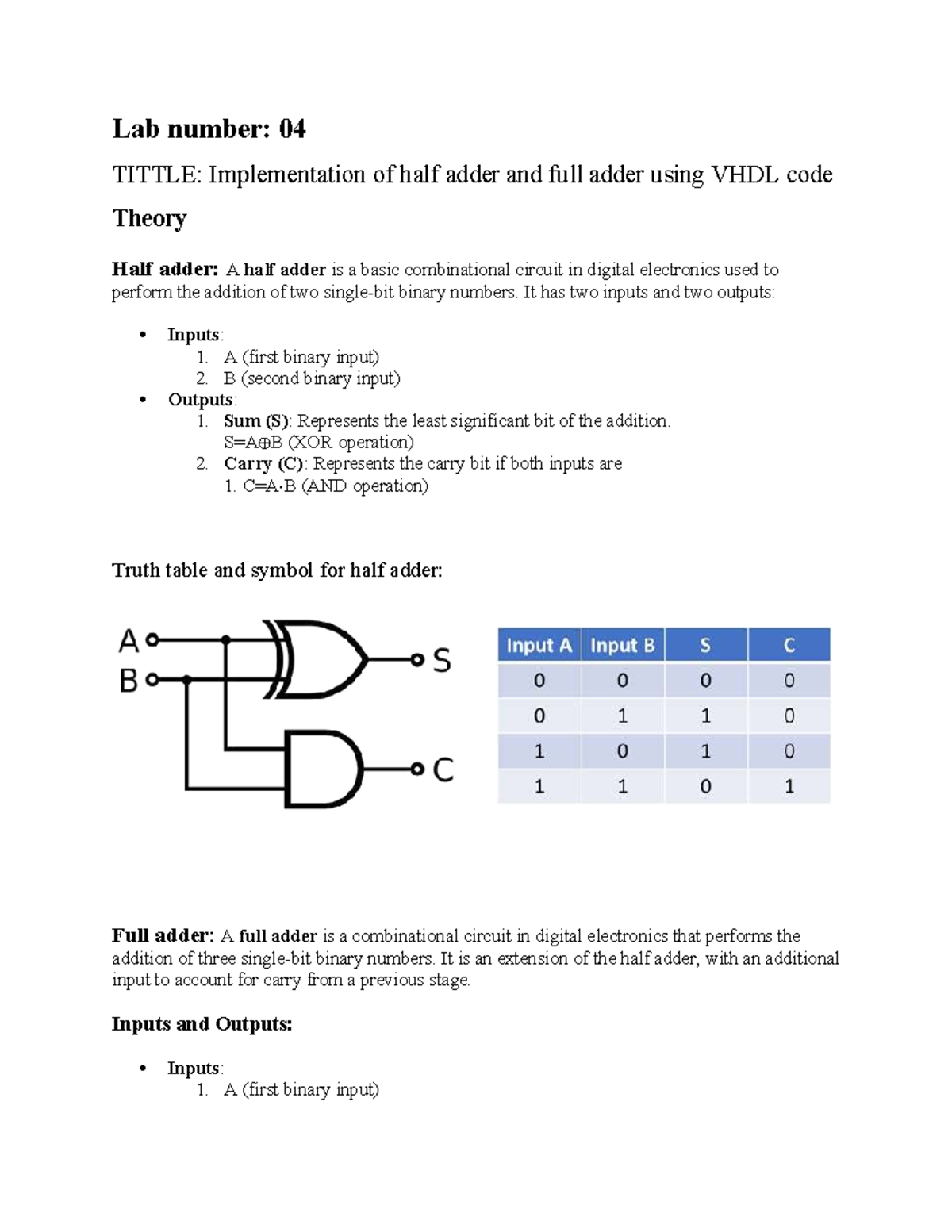 Lab 04: Implementation of Half and Full Adders in VHDL - Studocu