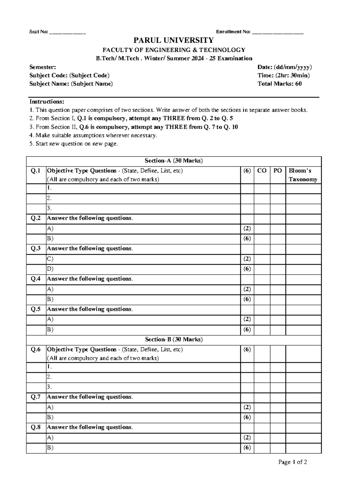New Question Paper Format (Winter/Summer 2024-25 Exam) - Studocu