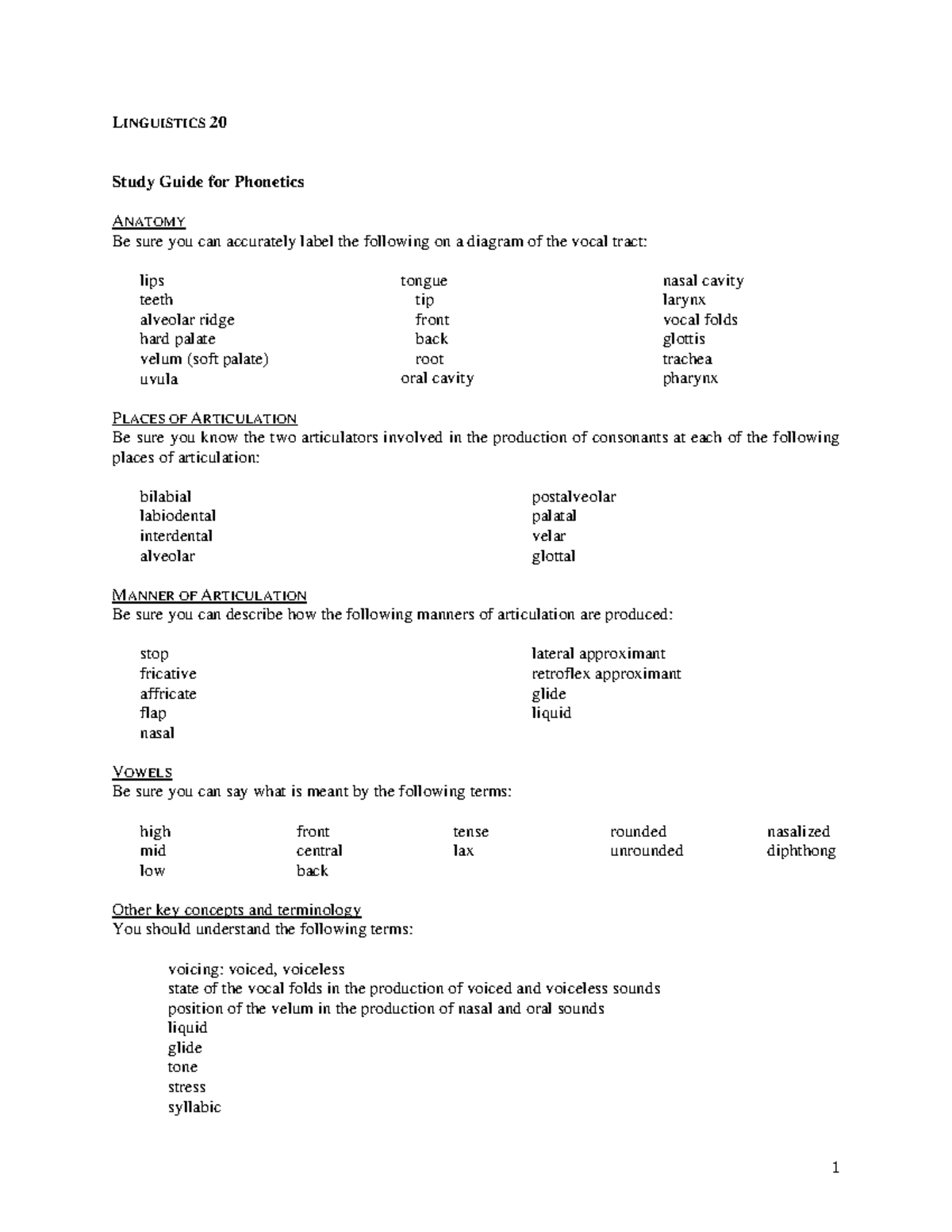 Study Guide for Phonetics (LINGUISTICS 20) - 1 LINGUISTICS 20 Study ...