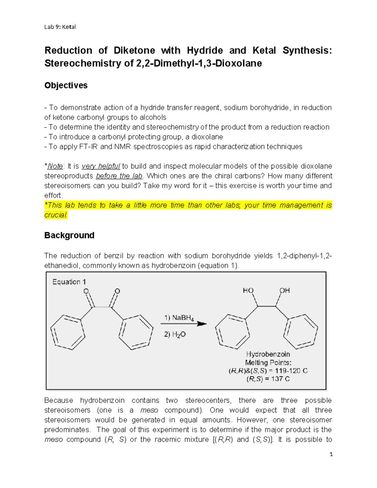 07 - Reduction of Benzil and Synthesis of Ketal from Hydrobenzoin - Studocu