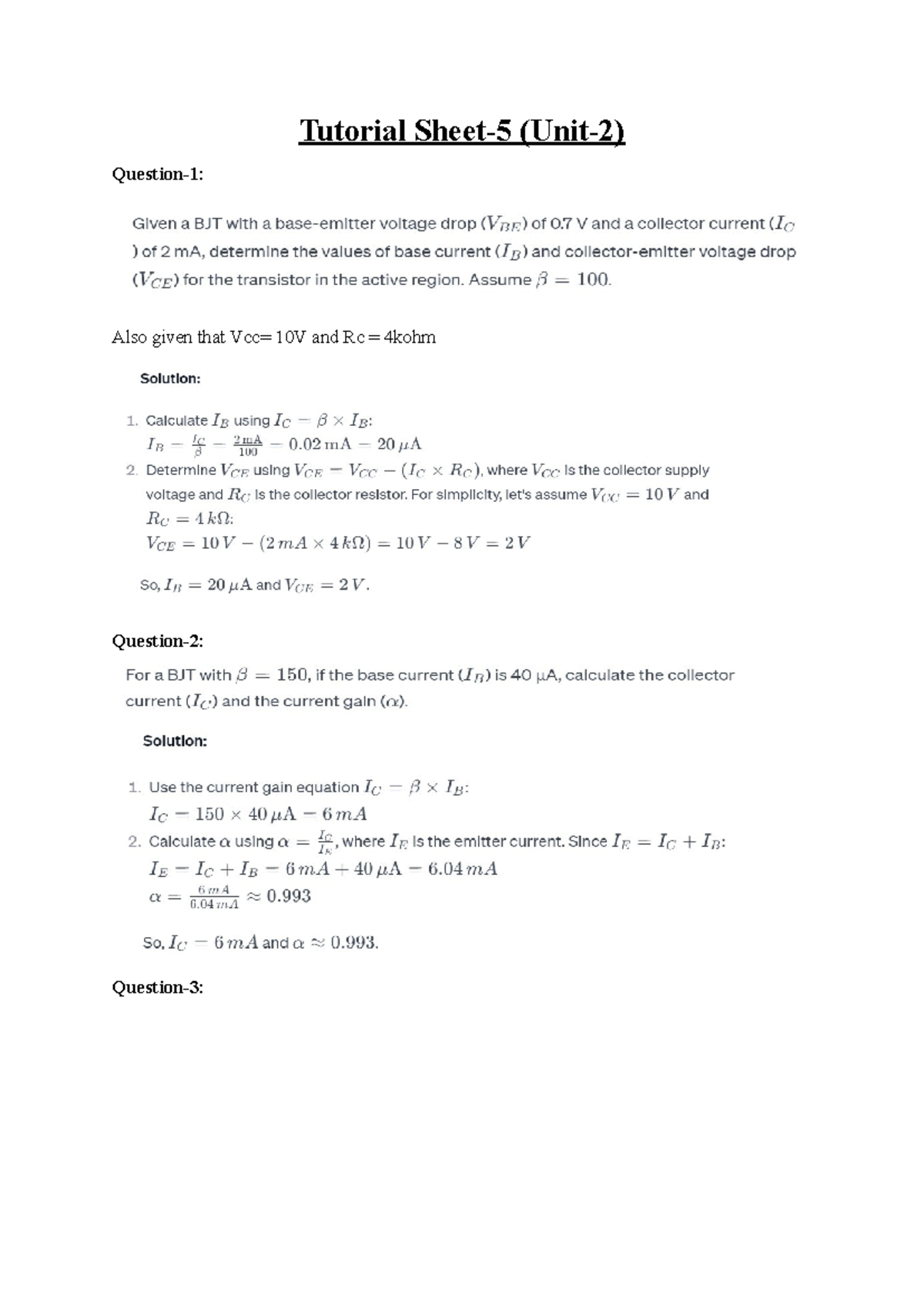 Tutorial Sheet 5 (Unit 2) - Transistor and Amplifier Problems - Studocu