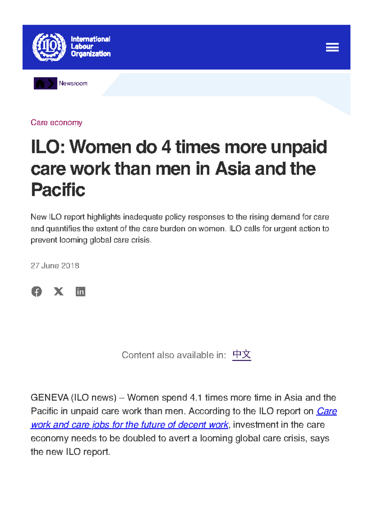 ILO Report: Women in Asia & Pacific Face 4x Unpaid Care Work Burden ...