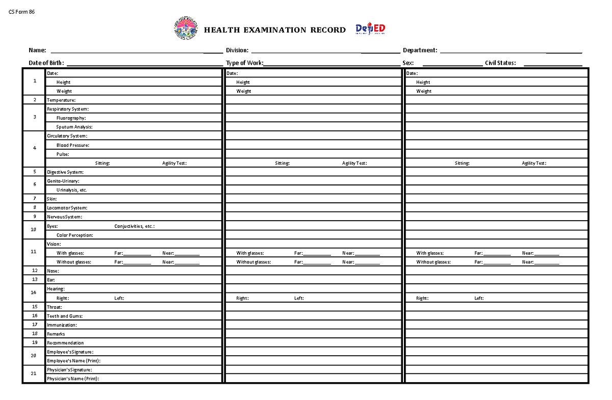 CS Form 86 - Health Examination Record Template - Studocu