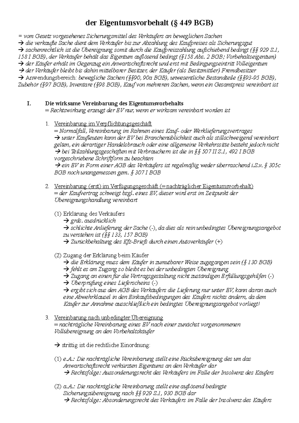 Eigentumsvorbehalt - Prüfungschema und Definitionen im BGB - Studocu