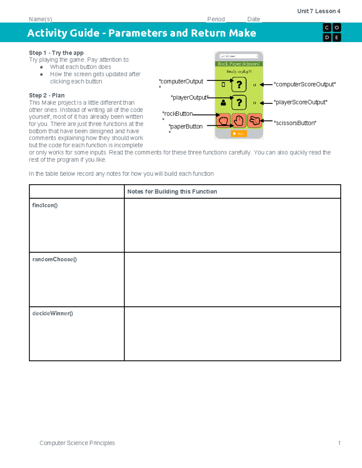 Unit 7 Lesson 4 Activity Guide on Parameters & Return Make - CSP 1 ...