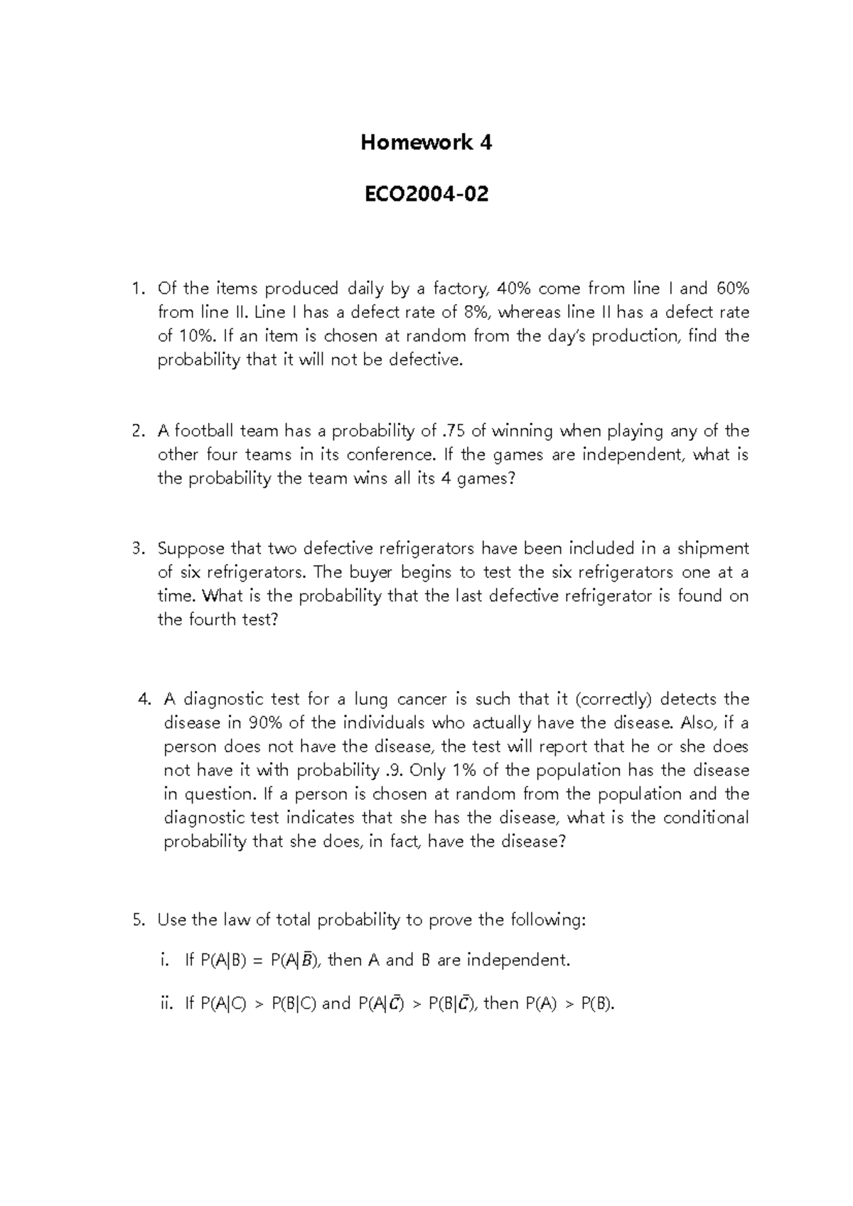 HW4 - Probability Homework Problems for ECO2004 Students - Studocu