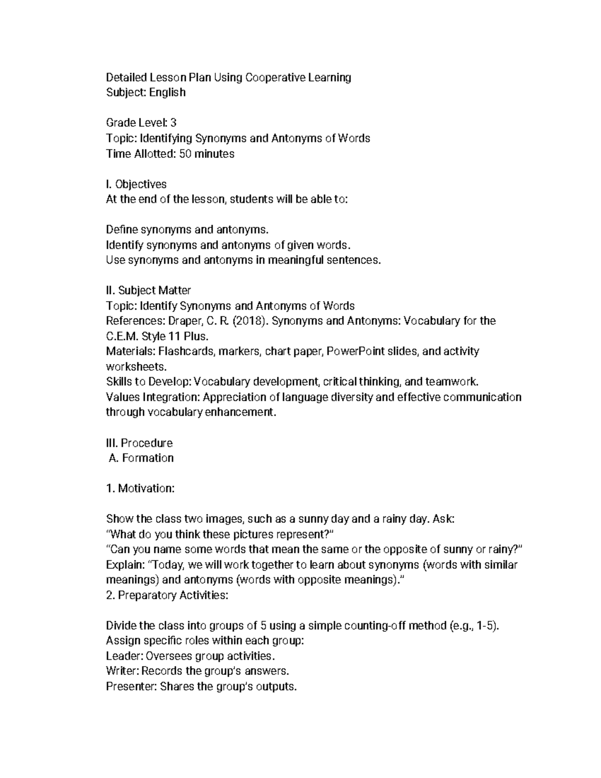 ENG 3 Detailed Lesson Plan on Synonyms & Antonyms Using Cooperative ...