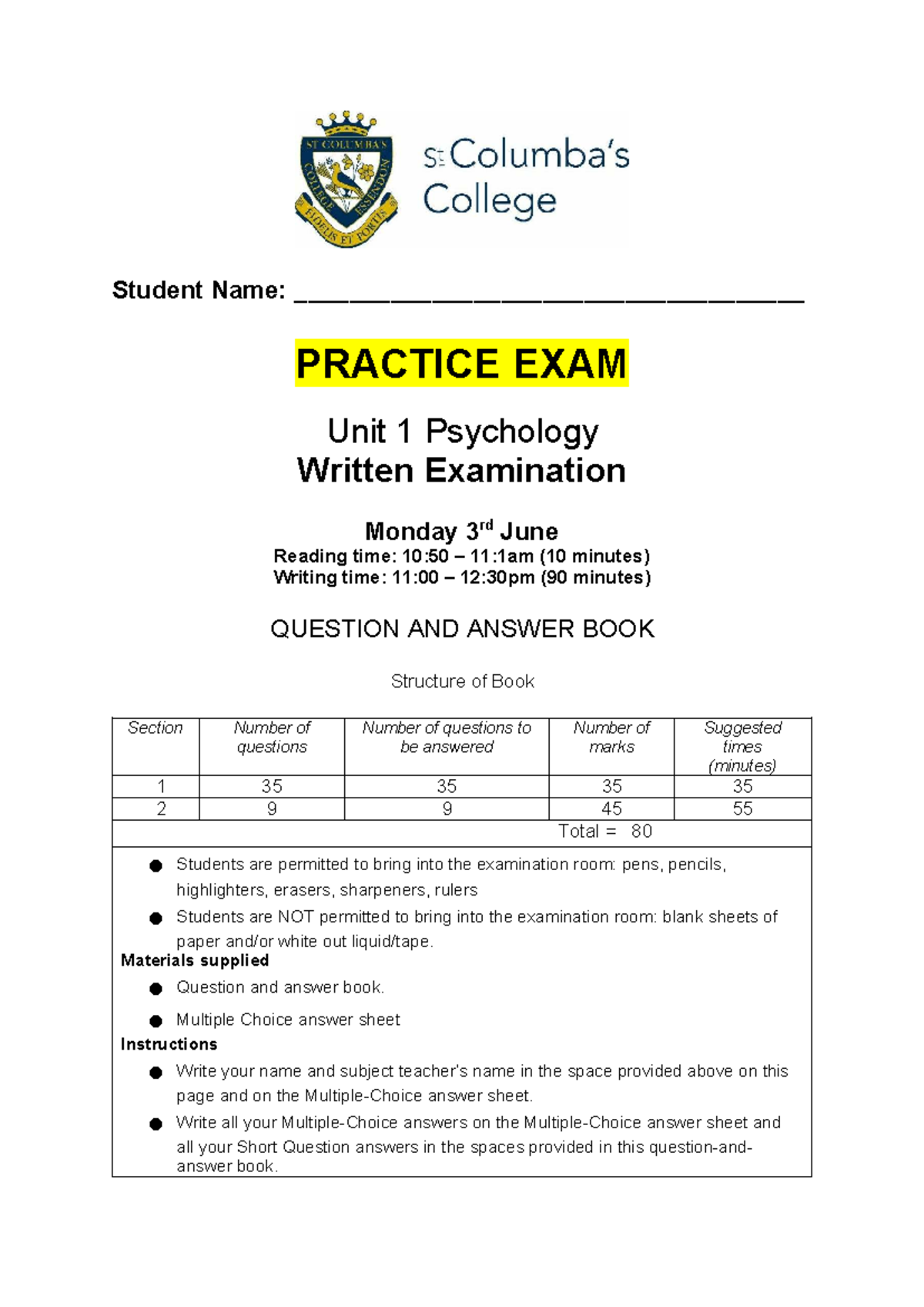 VCE Psychology Unit 1 Practice Exam - Student Name - Studocu
