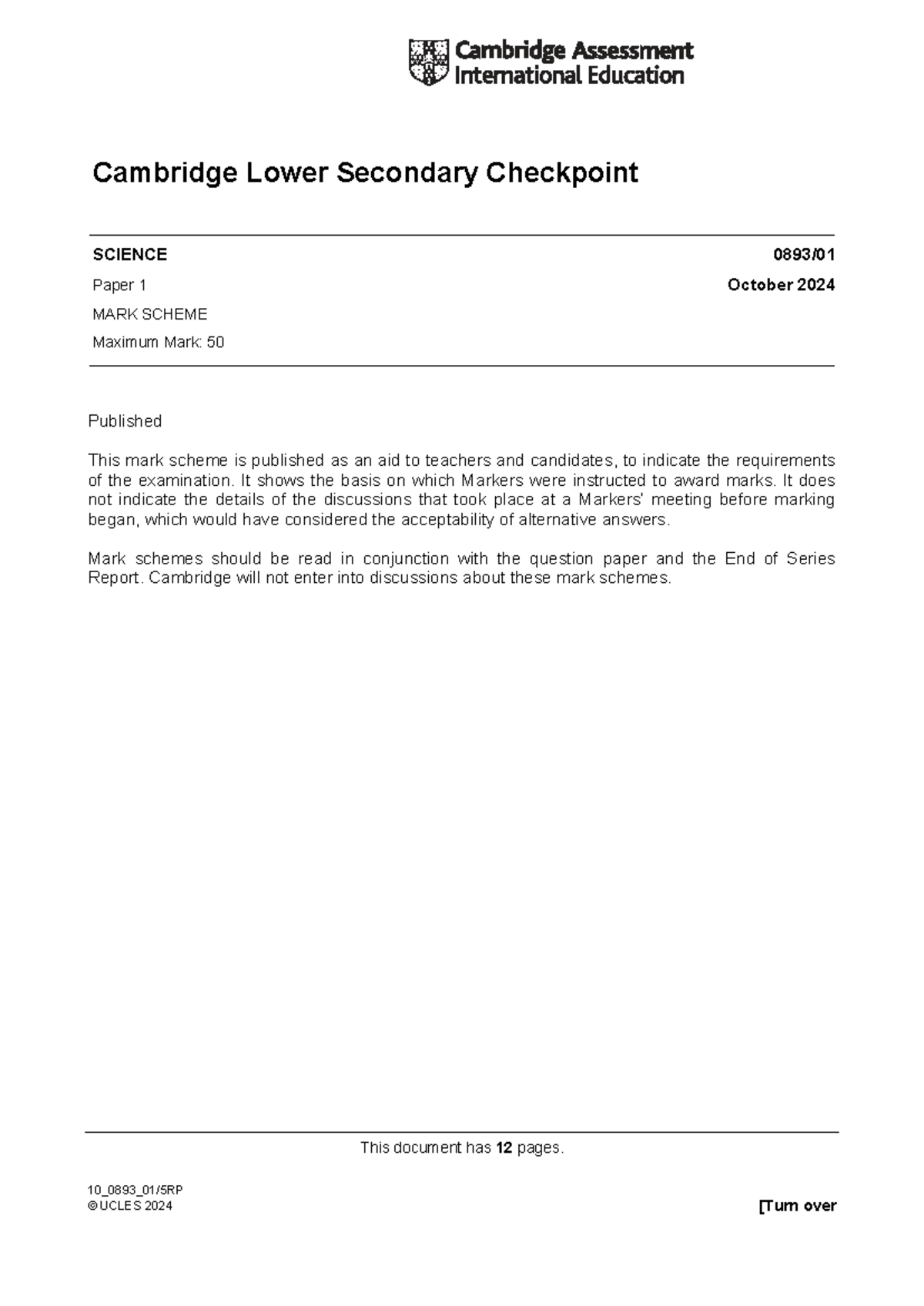 Cambridge Lower Secondary Checkpoint Science Oct 2024 Mark Scheme - Studocu