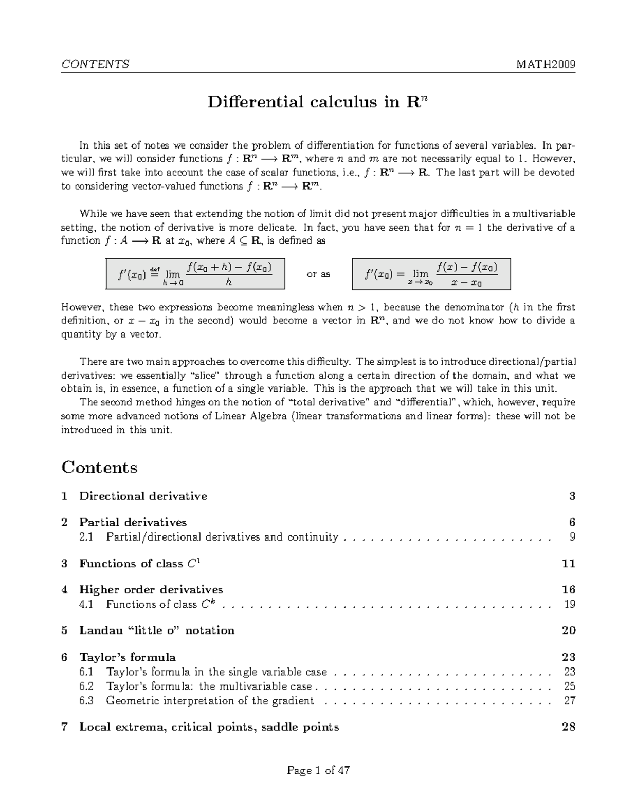 Differential Calculus: Multivariable Functions and Derivatives MATH ...