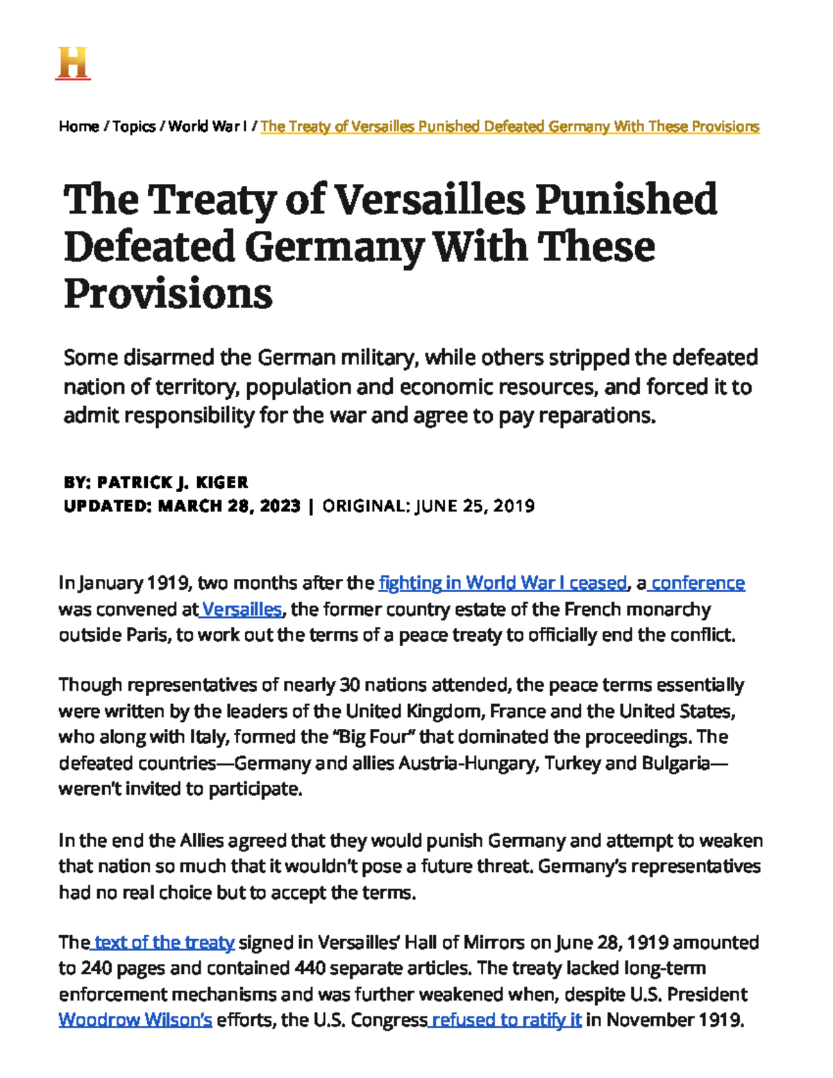 The Treaty of Versailles: Key Provisions Punishing Germany After WWI ...