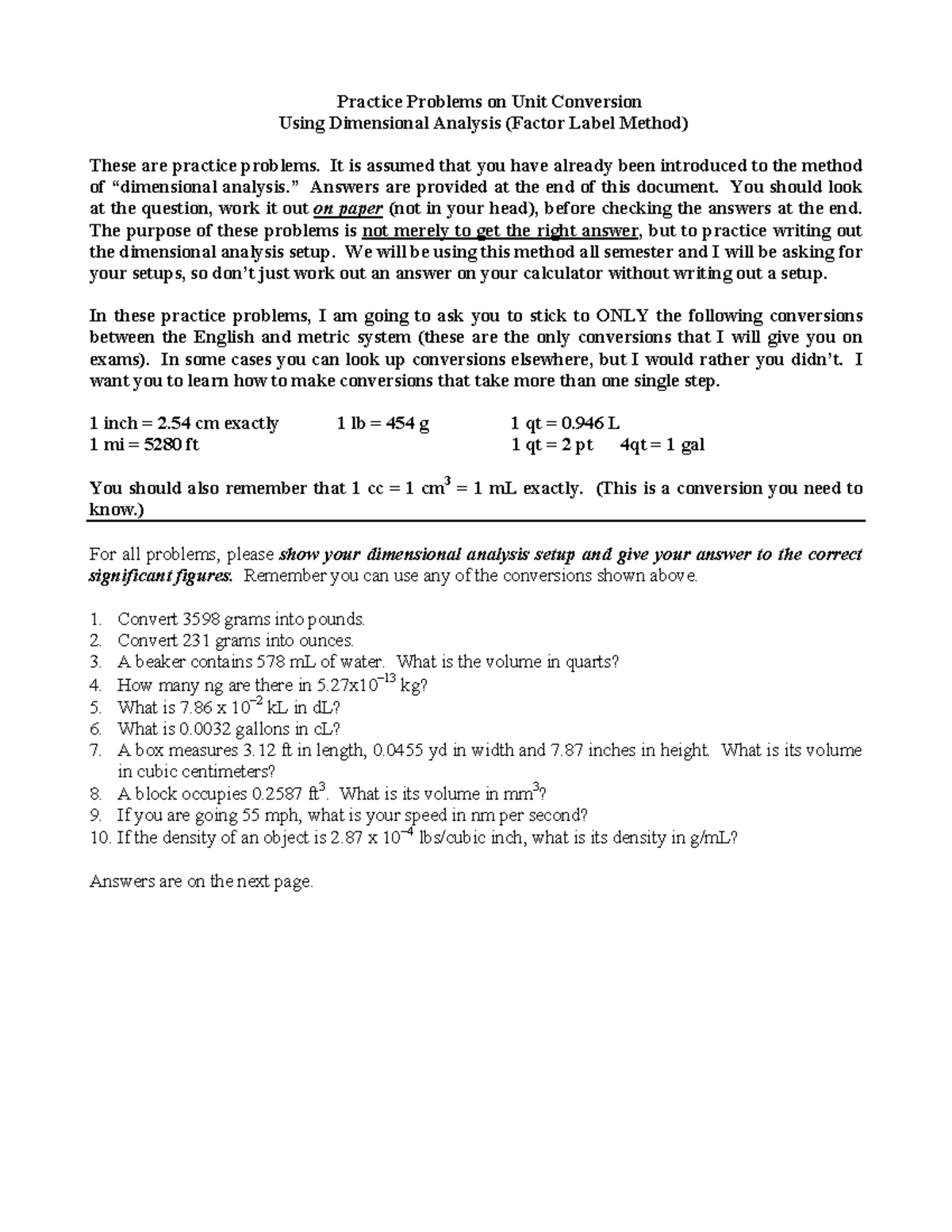 Dimensional Analysis Practice with Answers - Practice Problems on Unit ...