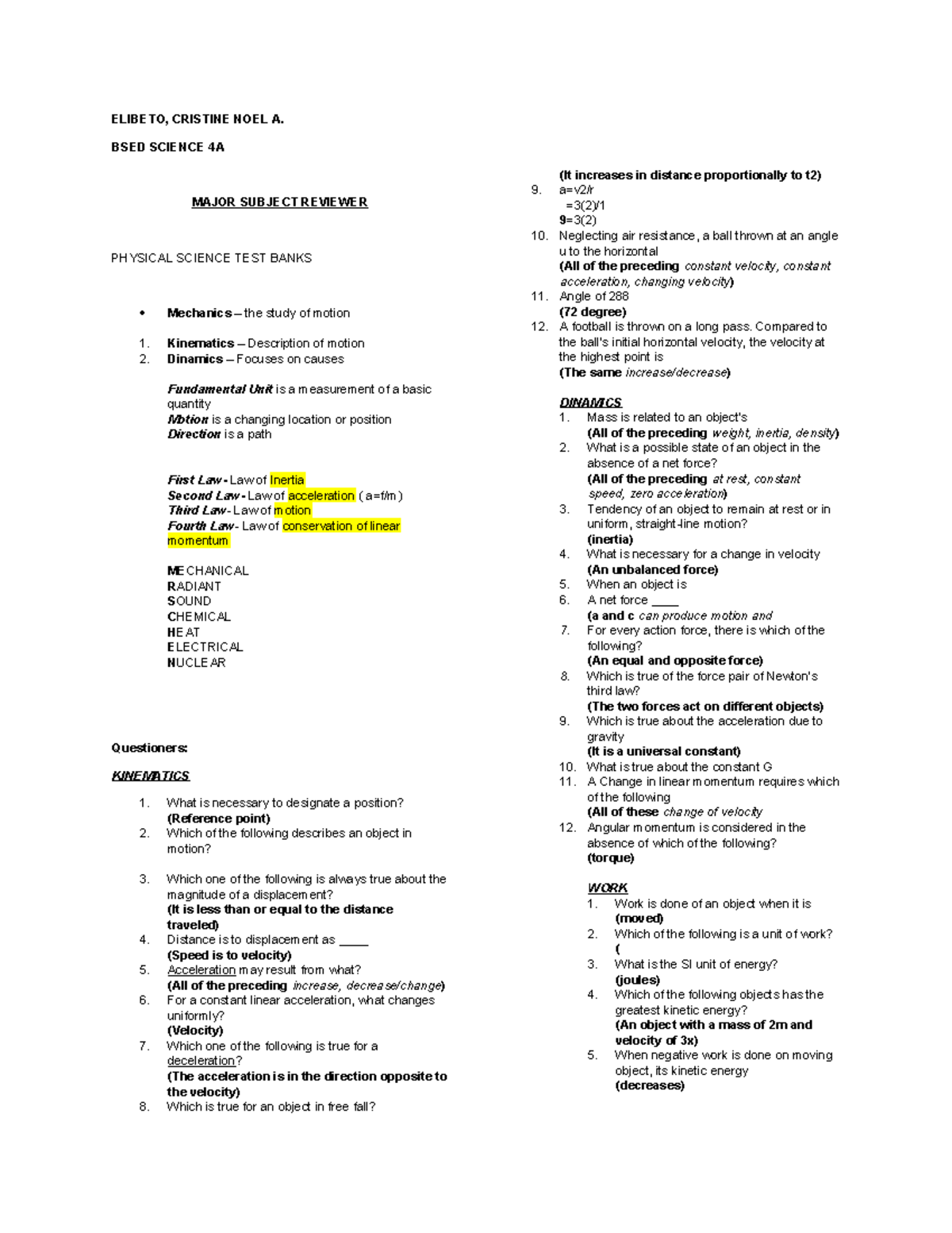 BSED SCI 4A Major Subject Review Notes: Physical Science Test Banks ...