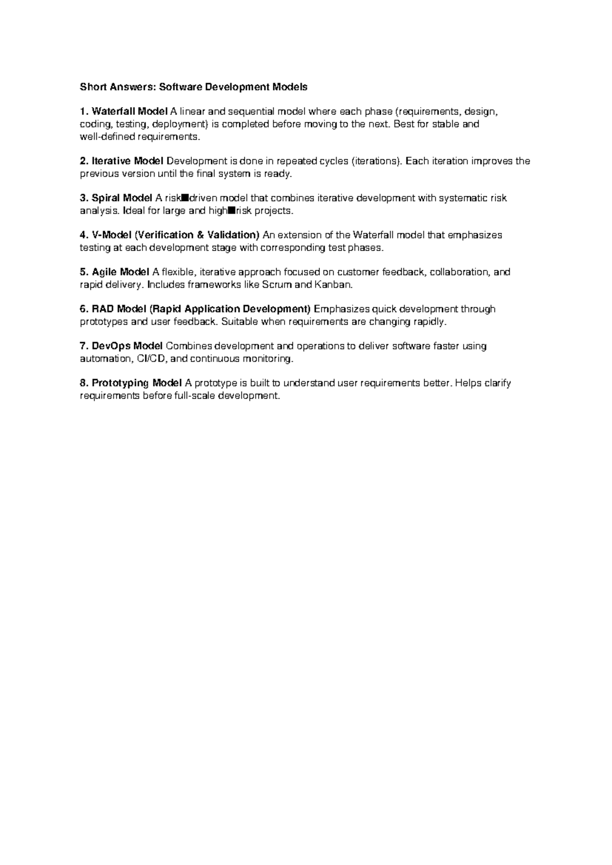 Software Development Models: Short Answers Overview - Studocu