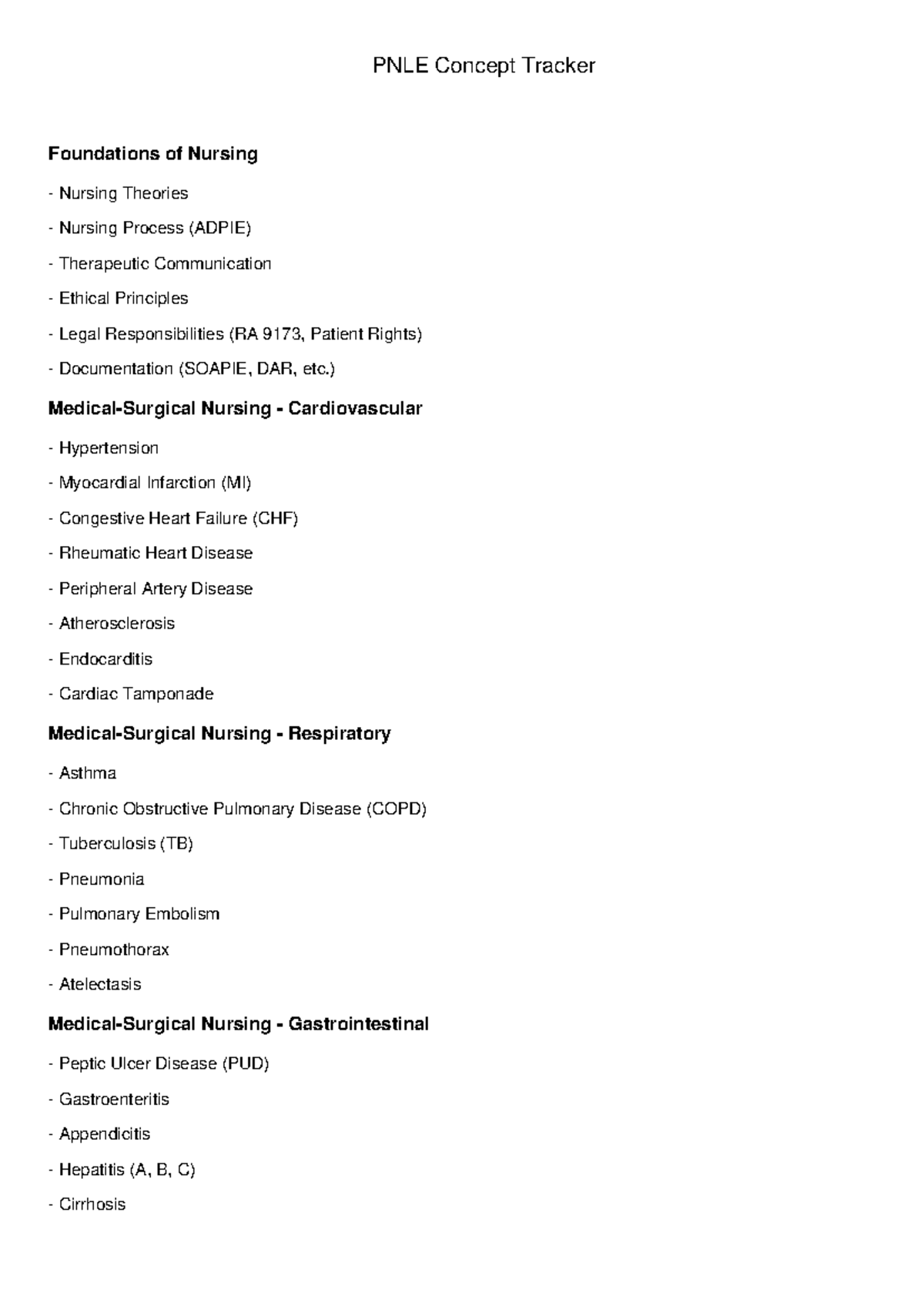 PNLE Concept Tracker: Comprehensive Nursing Theories & Practices - Studocu