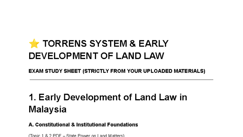 Torrens System & Early Development of Land Law Exam Notes (LAW101 ...