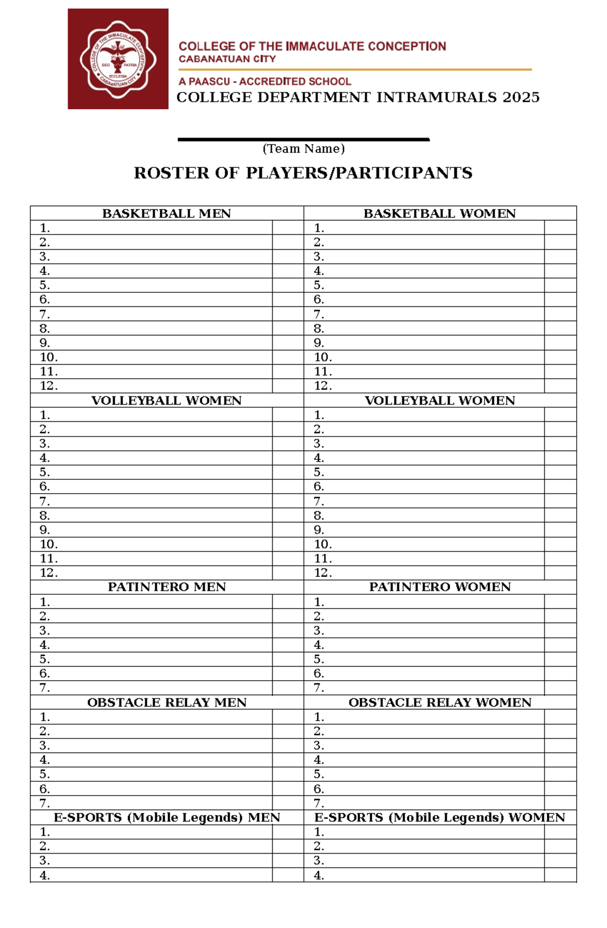 Intrams Team Roster College 2025 - COLLEGE DEPARTMENT INTRAMURALS 2025
