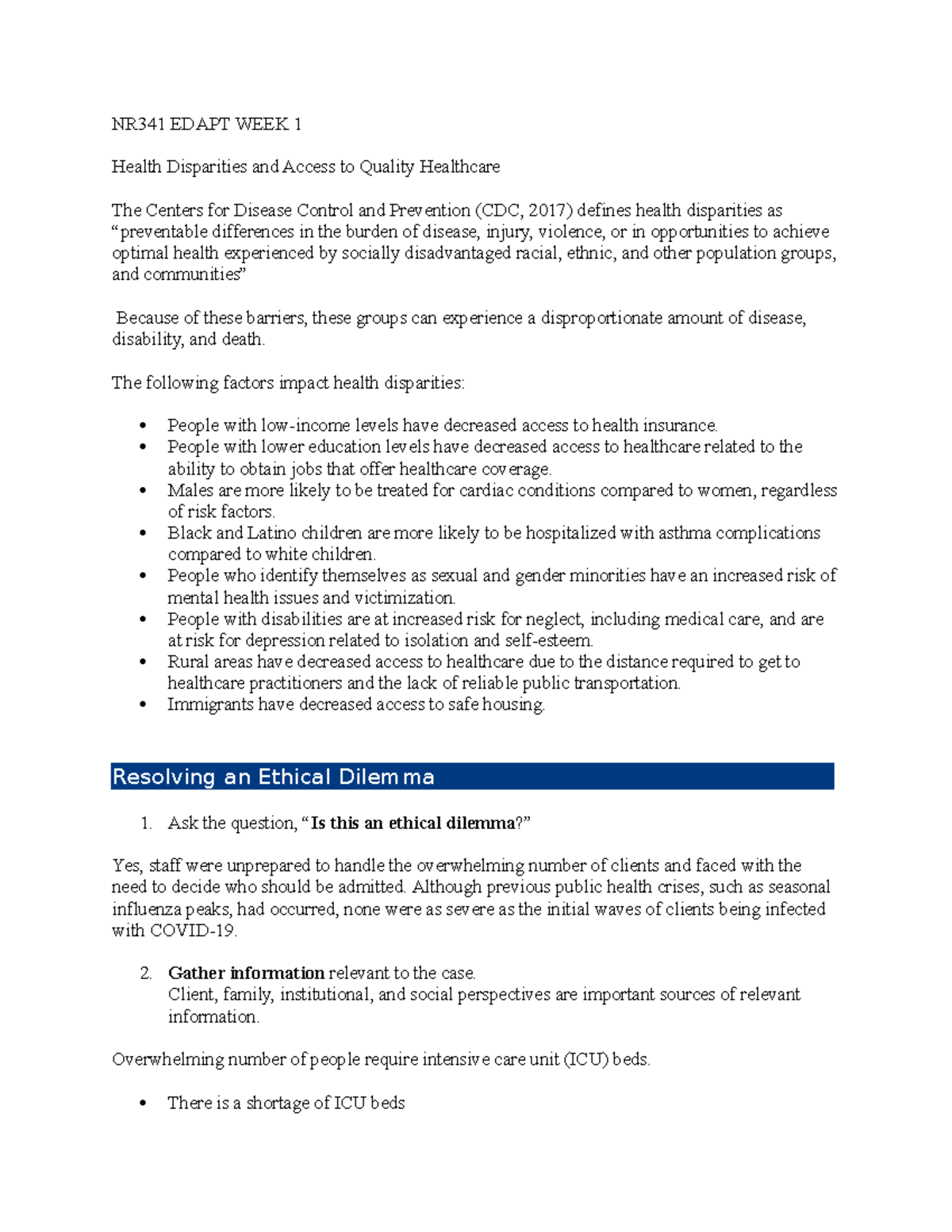 NR341 Edapt Week 1: Understanding Health Disparities & Ethical Dilemmas ...