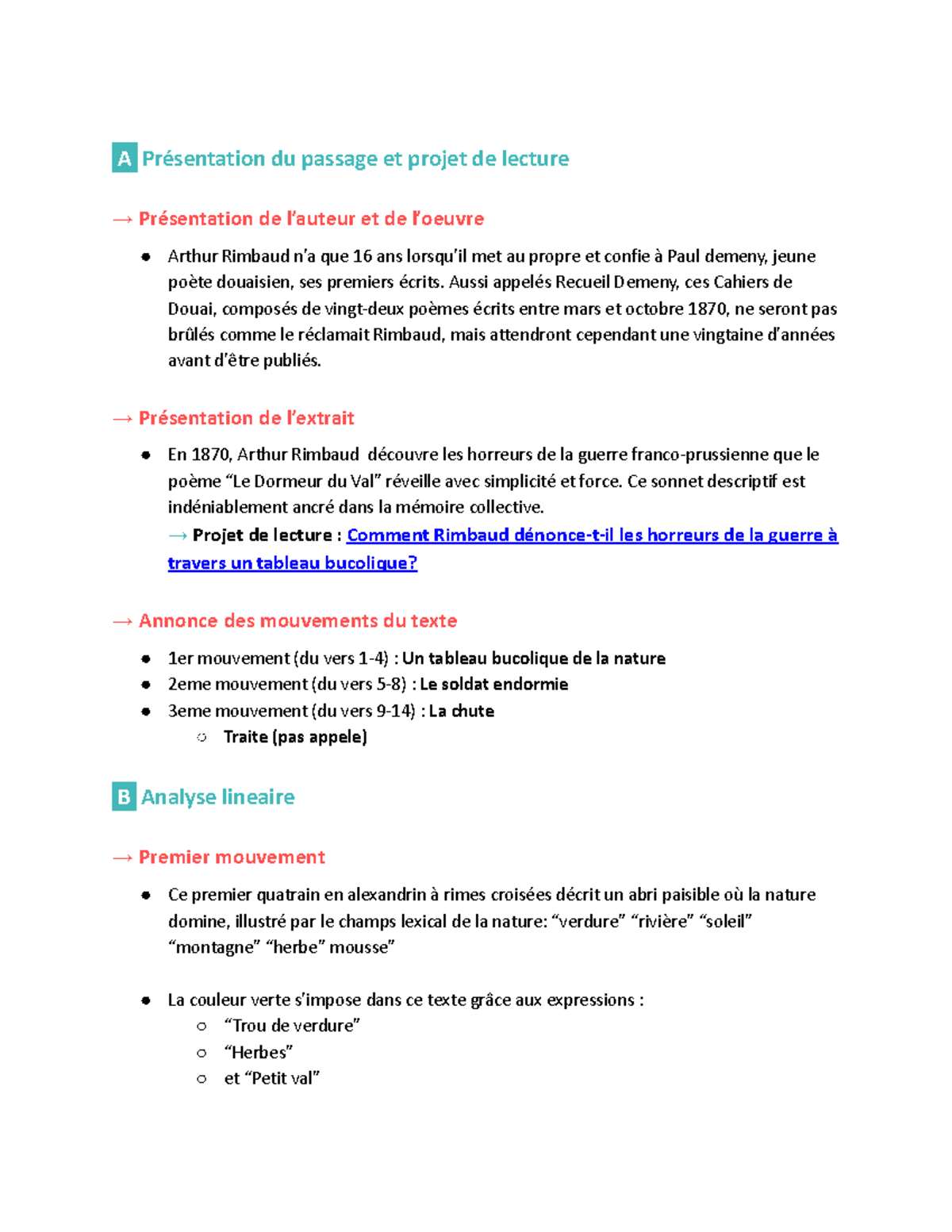 Analyse du poème "Le Dormeur du Val" - Rimbaud (Cahiers de Douai) - Studocu