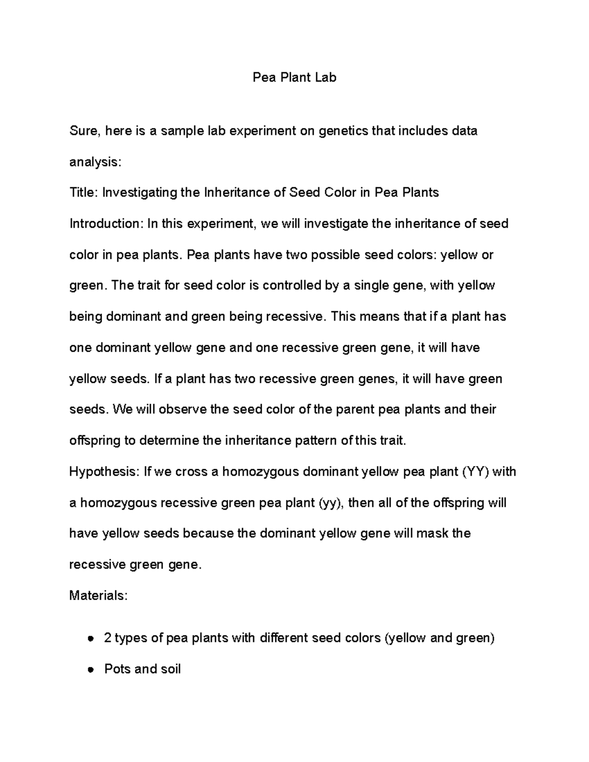 Pea Plant Genetics Lab: Inheritance of Seed Color Experiment - Studocu
