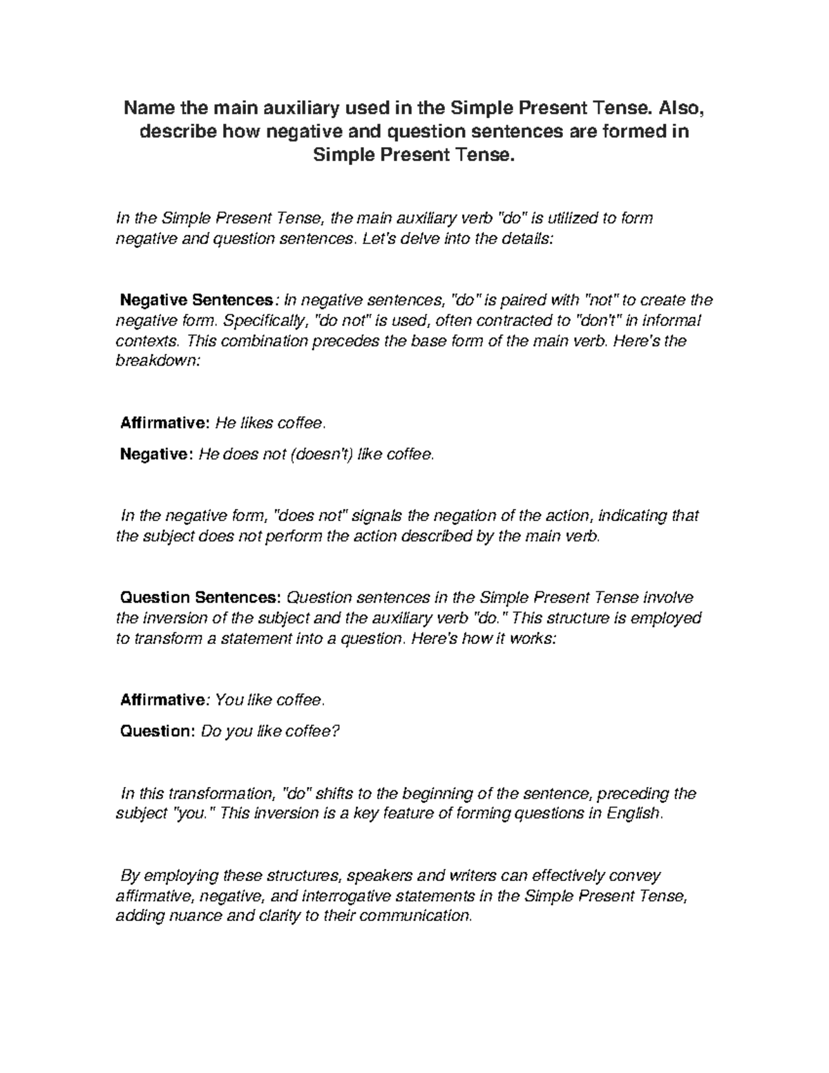 Auxiliary Verbs in Simple Present Tense: Negation & Questions - Studocu