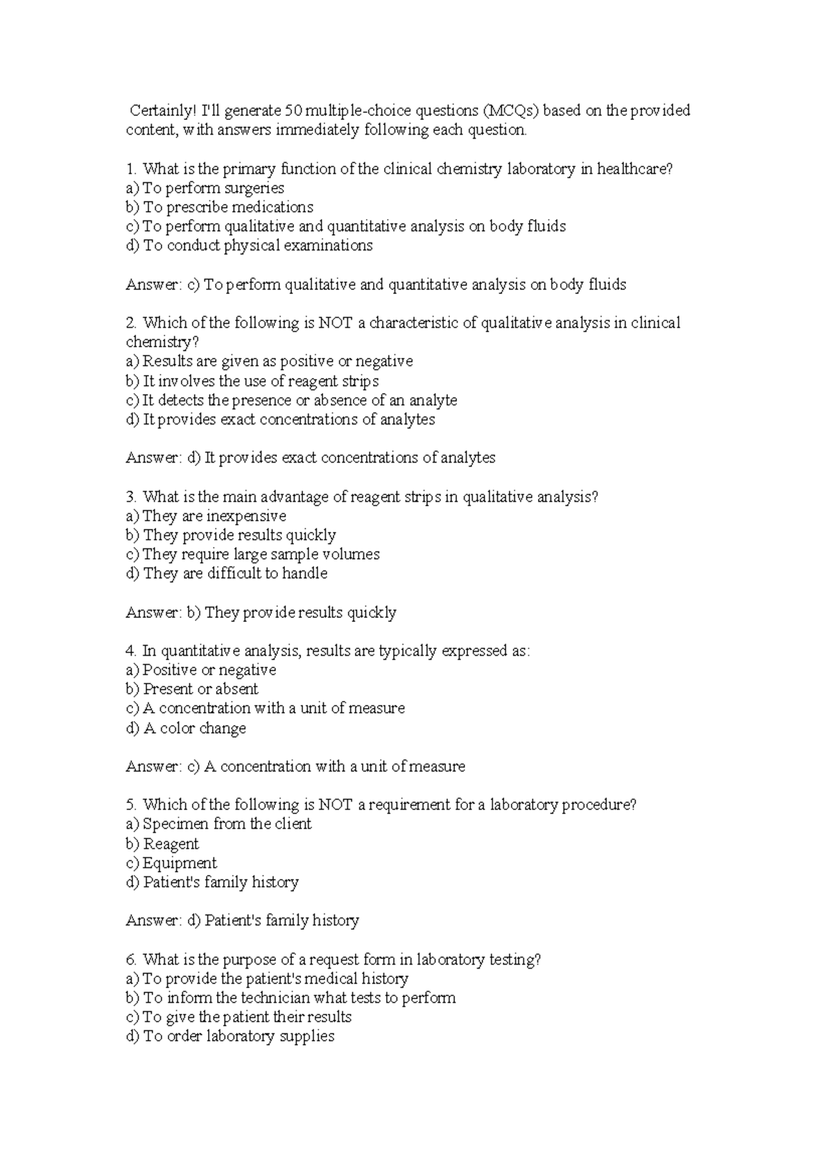 MCQs on Clinical Chemistry - Course Code: CLIN101 - Studocu
