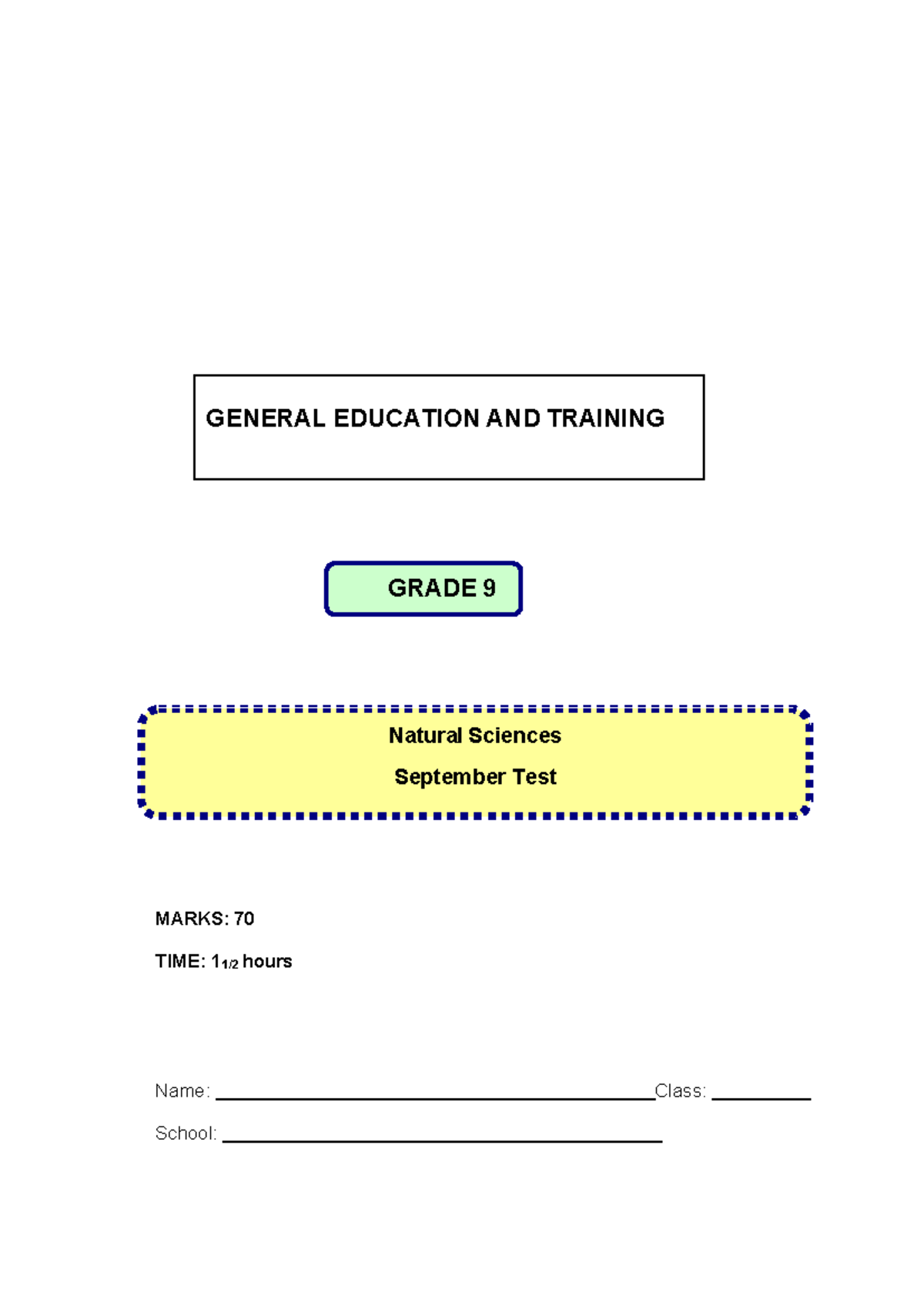 NS Grade 9 Natural Sciences September Test 2025 - Studocu