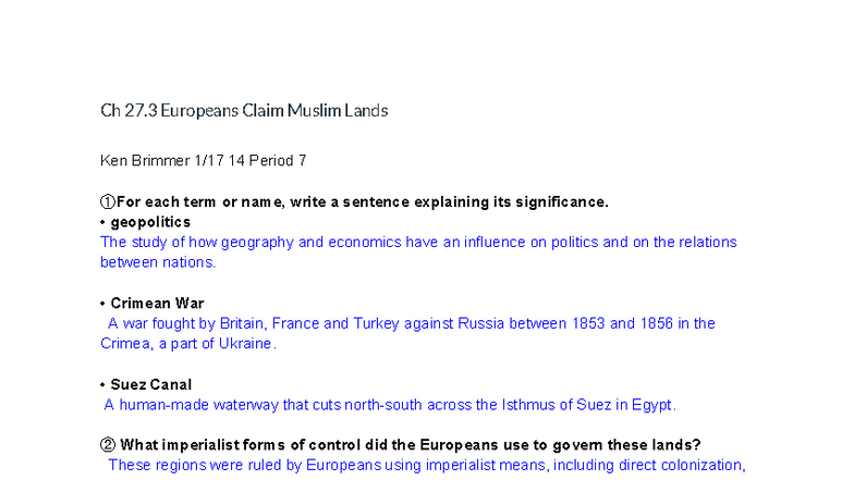 Ch 27.3 Europeans Claim Muslim Lands: Geopolitics & Imperialism ...