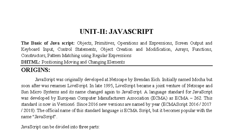 JNTUK R20 B.Tech CSE 3-2 MST Unit 2: JavaScript Fundamentals - Studocu