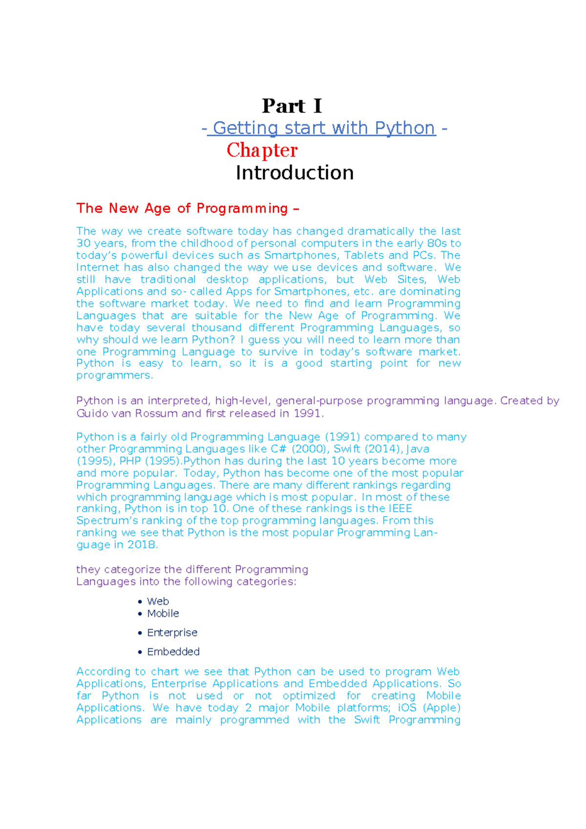 Part I - Introduction to Python: The New Age of Programming - Studocu