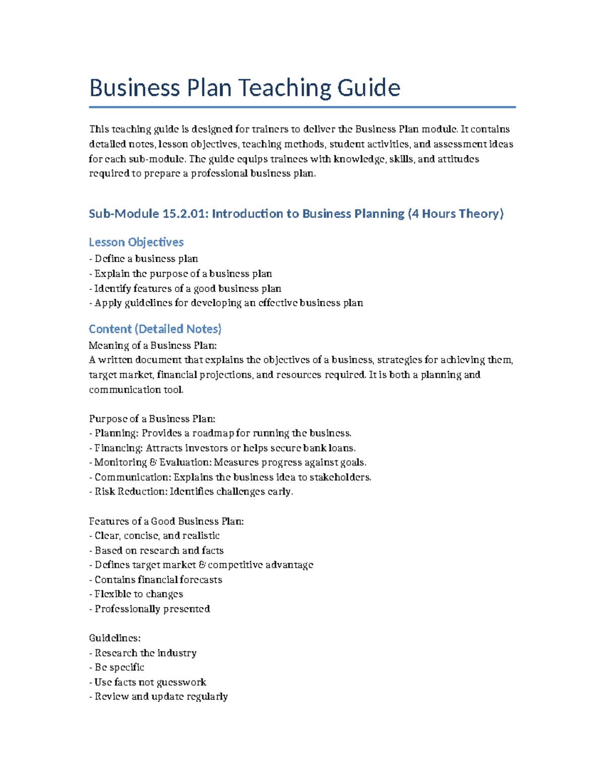 Business Plan Teaching Guide: Module 15.2 Overview and Methods - Studocu