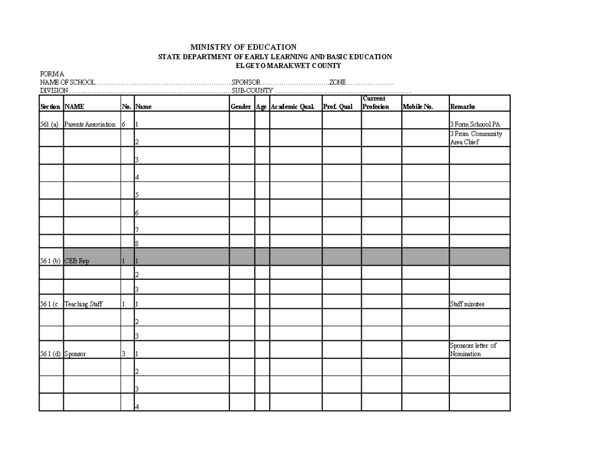 BOM Nomination Template for Early Learning & Basic Education - Studocu