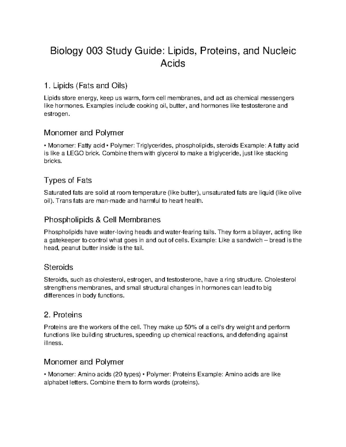 Biology 003 Study Guide: Lipids and Proteins Overview - Studocu